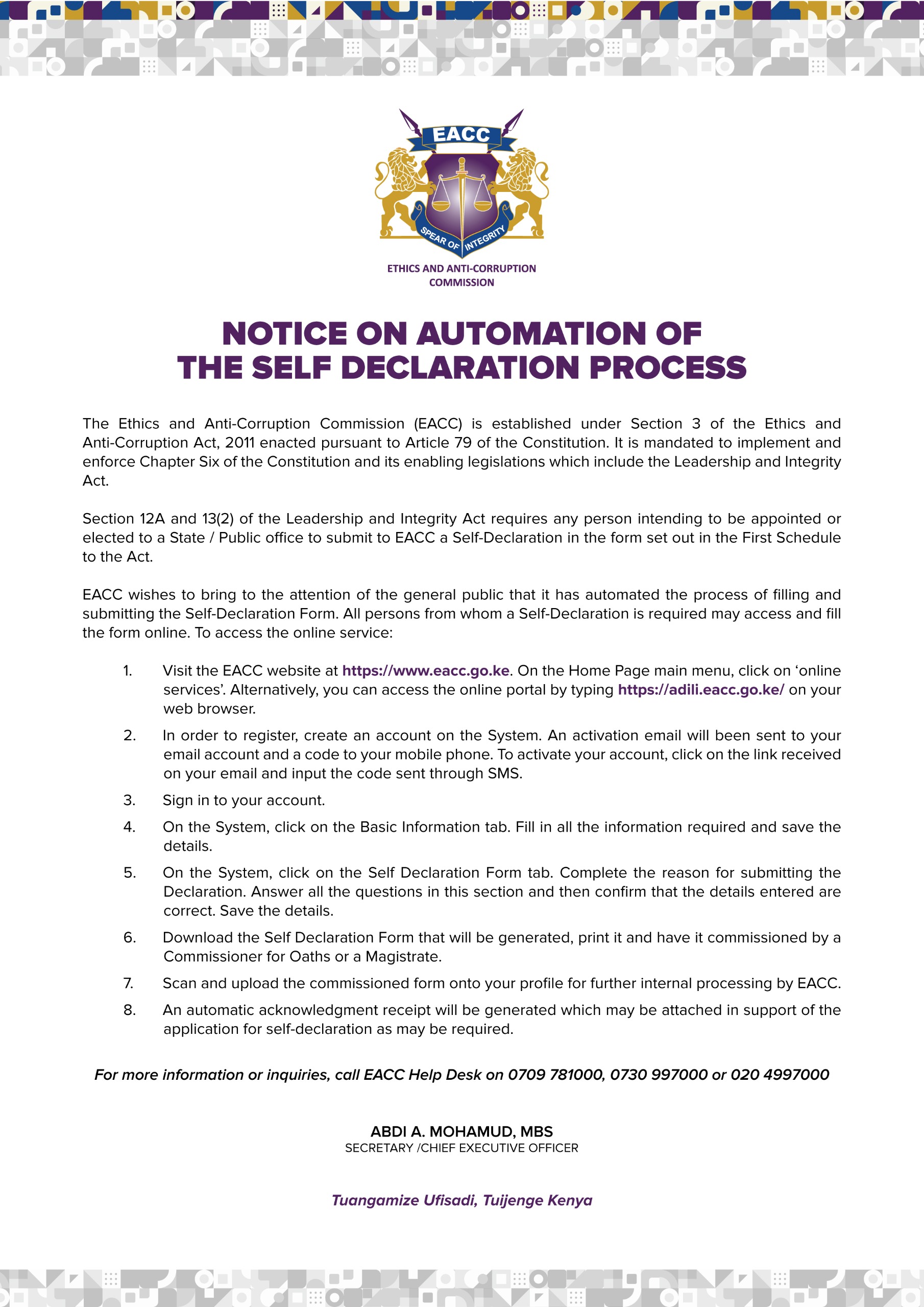 NOTICE ON AUTOMATION OF THE SELF DECLARATION PROCESS – EACC